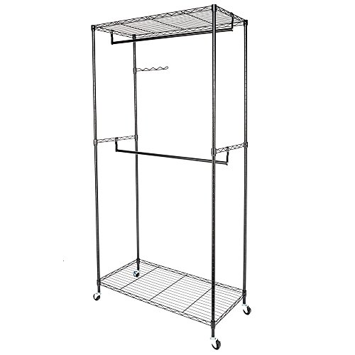 Kcelarec 70 Inches Adjustable, Double Hanging Rod Garment Rolling Closet Organizer Rack,Black