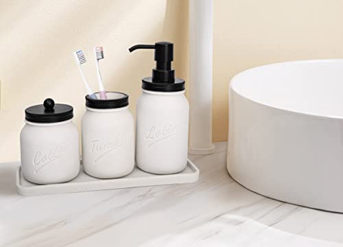 Bathroom Accessory Set,Mason Jar Bathroom Accessory Set, 4 Pcs Bathroom Accessory Set, White Quartz Sand, Include Lotion Dispenser &Tumbler& Cotton Jar&Tray