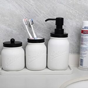 Bathroom Accessory Set,Mason Jar Bathroom Accessory Set, 4 Pcs Bathroom Accessory Set, White Quartz Sand, Include Lotion Dispenser &Tumbler& Cotton Jar&Tray