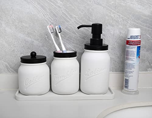 Bathroom Accessory Set,Mason Jar Bathroom Accessory Set, 4 Pcs Bathroom Accessory Set, White Quartz Sand, Include Lotion Dispenser &Tumbler& Cotton Jar&Tray