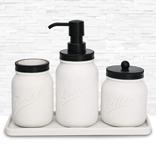 Bathroom Accessory Set,Mason Jar Bathroom Accessory Set, 4 Pcs Bathroom Accessory Set, White Quartz Sand, Include Lotion Dispenser &Tumbler& Cotton Jar&Tray