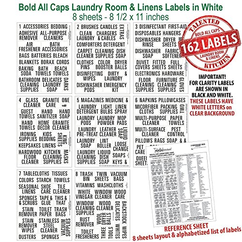 Talented Kitchen 162 Bold All Caps Laundry Room Labels Set. White Labels on Clear Backing. 162 Laundry, Linen Closet & Cleaning Supplies Vinyl Stickers. Organization Storage System