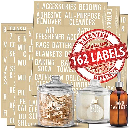 Talented Kitchen 162 Bold All Caps Laundry Room Labels Set. White Labels on Clear Backing. 162 Laundry, Linen Closet & Cleaning Supplies Vinyl Stickers. Organization Storage System