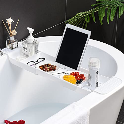 Expandable Drain Bath Shelf Caddy Tray, Multifunctional Plastic Bathtub Tray Bathroom Organizer Simple Stylish Bathtub Storage Rack for Candle Towel, Book, Wine, Phone, Shower (White - 1pcs)