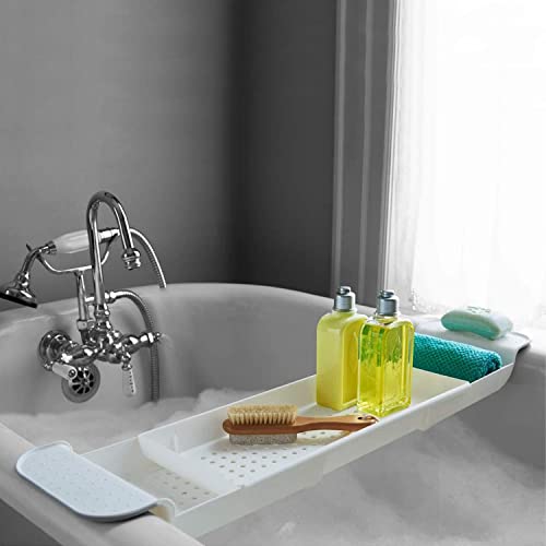 Expandable Drain Bath Shelf Caddy Tray, Multifunctional Plastic Bathtub Tray Bathroom Organizer Simple Stylish Bathtub Storage Rack for Candle Towel, Book, Wine, Phone, Shower (White - 1pcs)