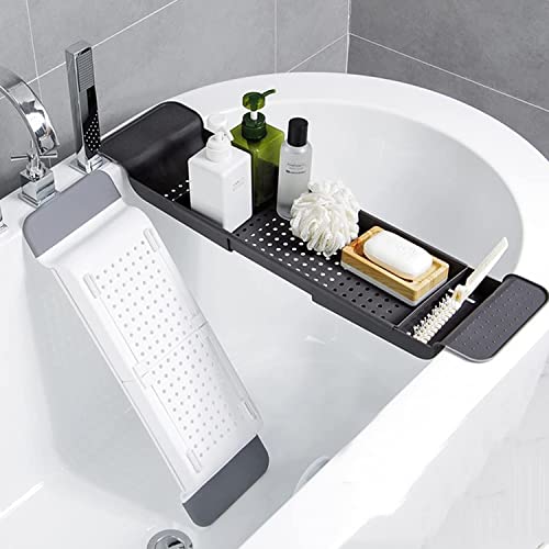 Expandable Drain Bath Shelf Caddy Tray, Multifunctional Plastic Bathtub Tray Bathroom Organizer Simple Stylish Bathtub Storage Rack for Candle Towel, Book, Wine, Phone, Shower (White - 1pcs)