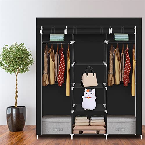 GOODSILO 69 inch Tall Portable Wardrobe Closet Clothes Organizer Clothing Storage with 2 Side Hanging Rod and 12 Storage Shelves and Non-Woven Fabric Cover for Bedroom, Home, Apartment, Dorm Black