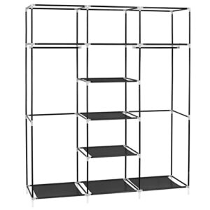 GOODSILO 69 inch Tall Portable Wardrobe Closet Clothes Organizer Clothing Storage with 2 Side Hanging Rod and 12 Storage Shelves and Non-Woven Fabric Cover for Bedroom, Home, Apartment, Dorm Black