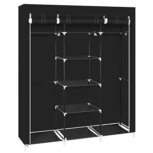 GOODSILO 69 inch Tall Portable Wardrobe Closet Clothes Organizer Clothing Storage with 2 Side Hanging Rod and 12 Storage Shelves and Non-Woven Fabric Cover for Bedroom, Home, Apartment, Dorm Black