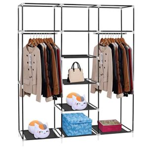 GOODSILO 69 inch Tall Portable Wardrobe Closet Clothes Organizer Clothing Storage with 2 Side Hanging Rod and 12 Storage Shelves and Non-Woven Fabric Cover for Bedroom, Home, Apartment, Dorm Black