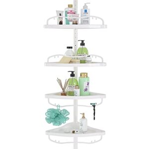 corner shower caddy tension pole, bathroom organizer stand pole with 4 plastic baskets, for bathtub shampoo accessories storage rake freestanding, 54 to 114 inch height, white