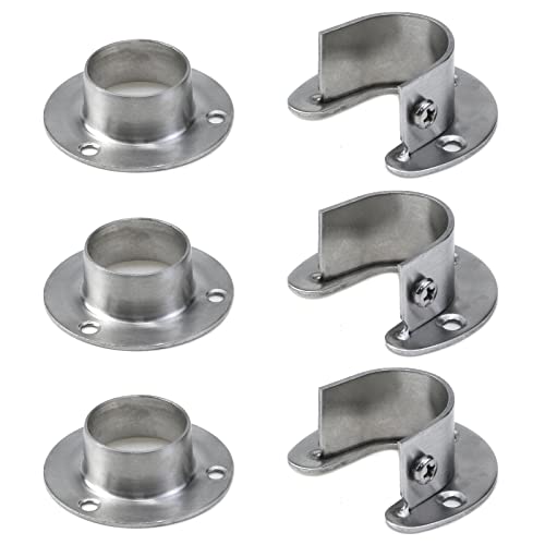 Tighall 6PCS Heavy Duty Stainless Steel Closet Pole Sockets Rod End Support Flange Rod Holder Set Wall Mount Pipe Bracket with Screws for Closet Wardrobe Shower Curtain Rod (Fit 25mm / 1", Silver)