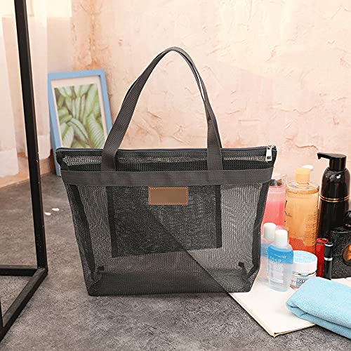 Pebipoo Mesh Shower Caddy Bag, Quick Dry Portable Tote Bag with Zipper and Inner Pocket, Lightweight Bath Organizer for College Dorm Bathroom, Swimming, Gym, Beach, Travel (Gray)