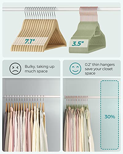 SONGMICS 50-Pack Velvet Hangers and 24-Pack Pants Hangers Bundle, Clothes Hanger with Rose Gold Swivel Hook, Coat Hangers with Movable Clips, Pale Green and Light Pink UCRF021GR50 and UCRF14PK24