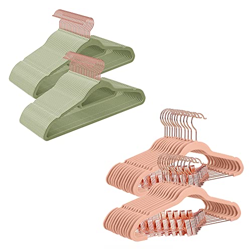 SONGMICS 50-Pack Velvet Hangers and 24-Pack Pants Hangers Bundle, Clothes Hanger with Rose Gold Swivel Hook, Coat Hangers with Movable Clips, Pale Green and Light Pink UCRF021GR50 and UCRF14PK24