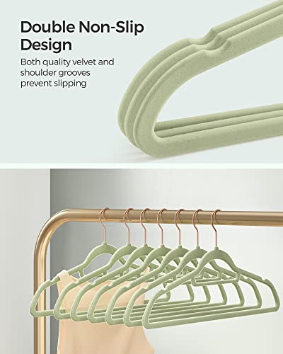 SONGMICS 50-Pack Velvet Hangers and 24-Pack Pants Hangers Bundle, Clothes Hanger with Rose Gold Swivel Hook, Coat Hangers with Movable Clips, Pale Green and Light Pink UCRF021GR50 and UCRF14PK24