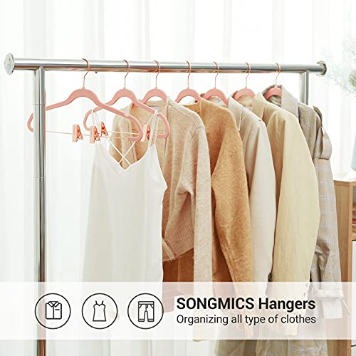 SONGMICS 50-Pack Velvet Hangers and 24-Pack Pants Hangers Bundle, Clothes Hanger with Rose Gold Swivel Hook, Coat Hangers with Movable Clips, Pale Green and Light Pink UCRF021GR50 and UCRF14PK24