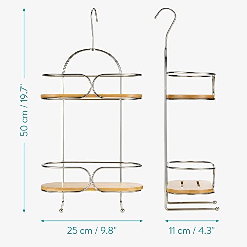 Navaris Bamboo and Metal Shower Caddy - Over Shower Head 2-Shelf Hanging Organizer - Hanger Hook Shelves for Bathroom Showers, Toiletries, Accessories