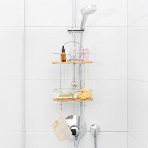 Navaris Bamboo and Metal Shower Caddy - Over Shower Head 2-Shelf Hanging Organizer - Hanger Hook Shelves for Bathroom Showers, Toiletries, Accessories