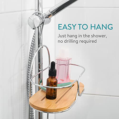 Navaris Bamboo and Metal Shower Caddy - Over Shower Head 2-Shelf Hanging Organizer - Hanger Hook Shelves for Bathroom Showers, Toiletries, Accessories