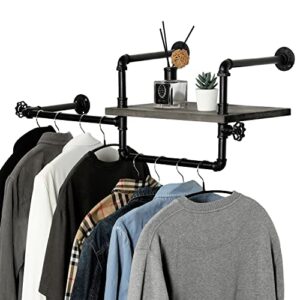 mygift industrial garment closet hanging organization system, wall mounted black metal pipe clothing rod rack with weathered gray wood display shelf and vintage valve accents