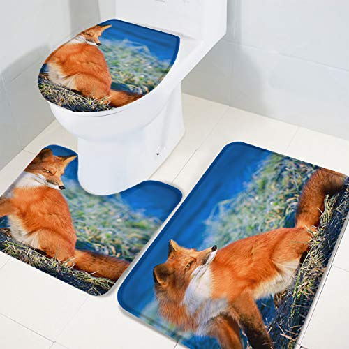 Women Trend 3 Piece Bath Rugs Set Non-Slip Bathroom Mats Absorbent Contour Soft Mat Toilet Lid Cover Bathroom Decor Set- Red Fox on The Prairie 18"x30"+14"x18"+15"x18"