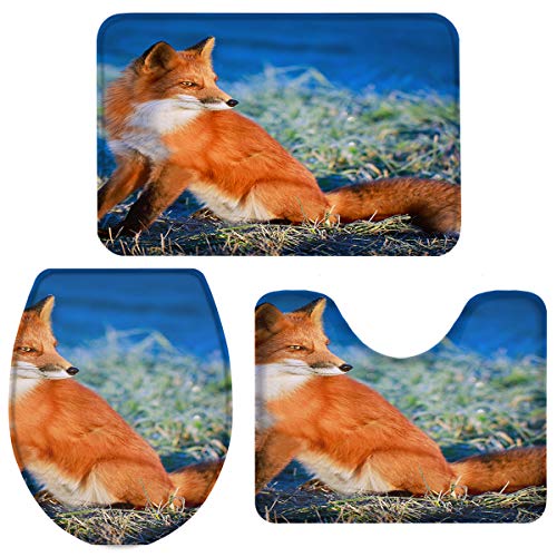 Women Trend 3 Piece Bath Rugs Set Non-Slip Bathroom Mats Absorbent Contour Soft Mat Toilet Lid Cover Bathroom Decor Set- Red Fox on The Prairie 18"x30"+14"x18"+15"x18"