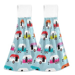 bolaz happy camper caravan hanging kitchen towel travel car truck hand towel 2 pcs absorbent hanging tie towels for bathroom laundry room kitchen 12 x 17 inches