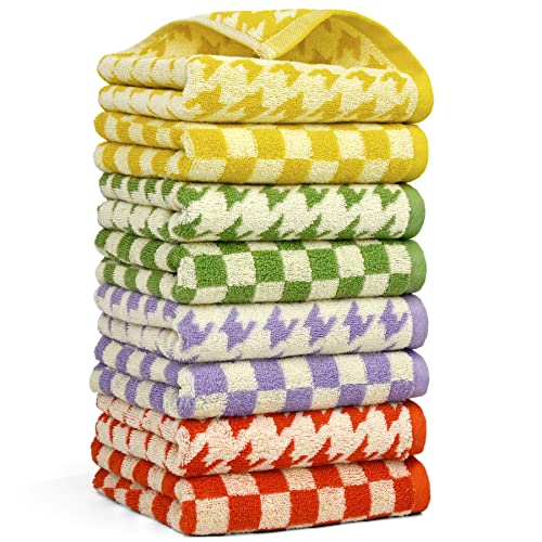 Jacquotha Bathroom Hand Towels 8 Pack Bundle, Colorful Checkered and Houndstooth Hand Towels Set for Spa Gym Kitchen