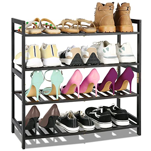 HIPTIS Shoe Rack, 4-Tier Wood Shoe Shelf , Stackable Foldable Freestanding Storage Organizer Shoe Stand for Entryway, Hallway，Bedroom and Closet，27 x 11 x 27 inch