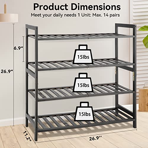 HIPTIS Shoe Rack, 4-Tier Wood Shoe Shelf , Stackable Foldable Freestanding Storage Organizer Shoe Stand for Entryway, Hallway，Bedroom and Closet，27 x 11 x 27 inch