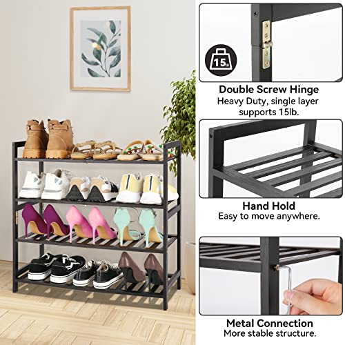 HIPTIS Shoe Rack, 4-Tier Wood Shoe Shelf , Stackable Foldable Freestanding Storage Organizer Shoe Stand for Entryway, Hallway，Bedroom and Closet，27 x 11 x 27 inch