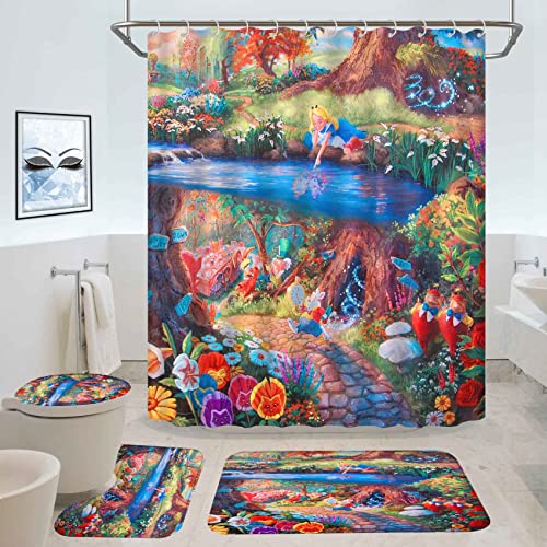 TERSUM Wonderland Shower Curtain Set, Alice Rabbit 4PCS Bathroom Sets with Shower Curtain and Bath Mat, Toilet Lid Cover and U Shaped Rugs,72"x72" Polyester Fabric Bathtub Curtain with Hooks, SETGXTE1