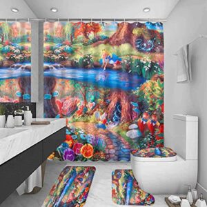 TERSUM Wonderland Shower Curtain Set, Alice Rabbit 4PCS Bathroom Sets with Shower Curtain and Bath Mat, Toilet Lid Cover and U Shaped Rugs,72"x72" Polyester Fabric Bathtub Curtain with Hooks, SETGXTE1