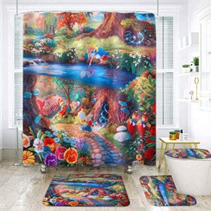 TERSUM Wonderland Shower Curtain Set, Alice Rabbit 4PCS Bathroom Sets with Shower Curtain and Bath Mat, Toilet Lid Cover and U Shaped Rugs,72"x72" Polyester Fabric Bathtub Curtain with Hooks, SETGXTE1