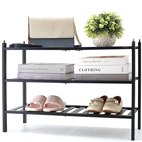 Lettimi Shoe Rack - 3 Tier, Premium Bamboo Shoe Organizer and Stackable Shoe Shelf Storage Organizer for Entryway, Shoe Cubby, Bathroom, Hallway, Closet or Living Room (3 Tiers, Black)