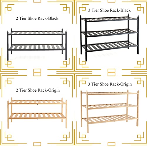 Lettimi Shoe Rack - 3 Tier, Premium Bamboo Shoe Organizer and Stackable Shoe Shelf Storage Organizer for Entryway, Shoe Cubby, Bathroom, Hallway, Closet or Living Room (3 Tiers, Black)