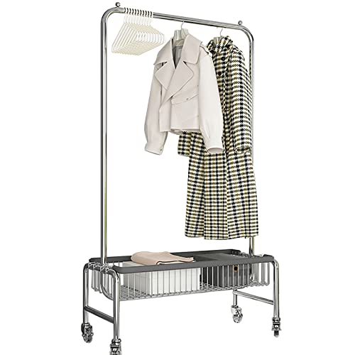 XIJIXILI Laundry Cart with Hanging Bar Wheels Large Rolling Wire Laundry Hamper Butler Cart with Metal Edging and Double Pole Rack Easy Moved Heavy Duty Metal Garment Rack with Basket for Organize