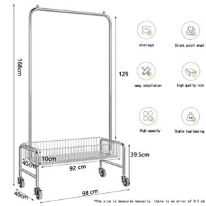 XIJIXILI Laundry Cart with Hanging Bar Wheels Large Rolling Wire Laundry Hamper Butler Cart with Metal Edging and Double Pole Rack Easy Moved Heavy Duty Metal Garment Rack with Basket for Organize