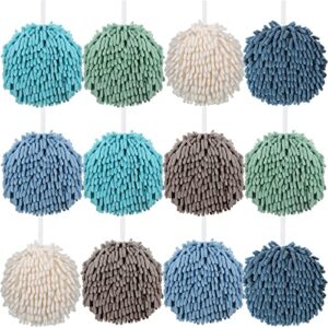 macarrie 12 packs fuzzy ball towel for bathroom chenille hand towel handball absorbent soft decorative fast drying towel with loop hanging kitchen towels for kitchen decor, 6 colors