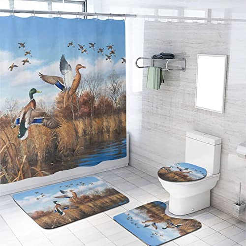 Duck Paintings 4PCS/Set Shower Curtain Retro Autumn Lake Reed Hunting Flying Mallard Art Bathroom Decor Set with Non-Slip Rugs Toilet Lid Cover and Bath Mat 70.8×70.8