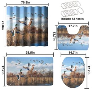 Duck Paintings 4PCS/Set Shower Curtain Retro Autumn Lake Reed Hunting Flying Mallard Art Bathroom Decor Set with Non-Slip Rugs Toilet Lid Cover and Bath Mat 70.8×70.8