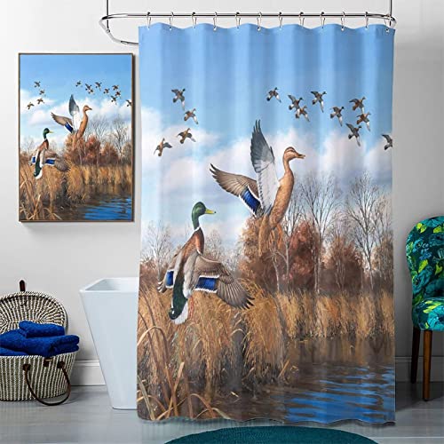 Duck Paintings 4PCS/Set Shower Curtain Retro Autumn Lake Reed Hunting Flying Mallard Art Bathroom Decor Set with Non-Slip Rugs Toilet Lid Cover and Bath Mat 70.8×70.8