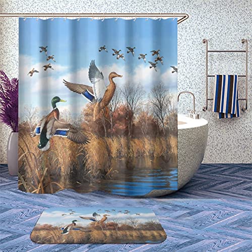 Duck Paintings 4PCS/Set Shower Curtain Retro Autumn Lake Reed Hunting Flying Mallard Art Bathroom Decor Set with Non-Slip Rugs Toilet Lid Cover and Bath Mat 70.8×70.8