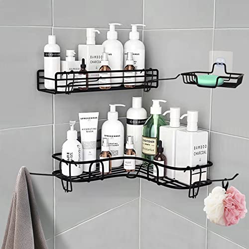 YUEARN Corner Shower Caddy, Adhesive Shower Caddy With Soap Holder And 4 Hooks, 3-Pack Rustproof Stainless Steel Bathroom Shower Organizer, No Drilling Wall Mounted Shower Caddies Corner Rack, Black