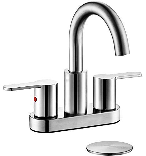 Chrome 4 Inch Centerset Bathroom Sink Faucet 3 Holes with Pop up Drain, High Arc Modern 2 Handle Bathroom Vanity Lavatory Faucet with Brass 360° Swivel Spout, TAF067E-CP