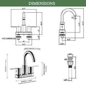 Chrome 4 Inch Centerset Bathroom Sink Faucet 3 Holes with Pop up Drain, High Arc Modern 2 Handle Bathroom Vanity Lavatory Faucet with Brass 360° Swivel Spout, TAF067E-CP