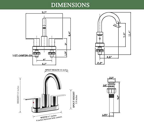 Chrome 4 Inch Centerset Bathroom Sink Faucet 3 Holes with Pop up Drain, High Arc Modern 2 Handle Bathroom Vanity Lavatory Faucet with Brass 360° Swivel Spout, TAF067E-CP