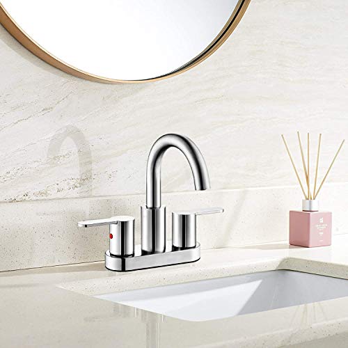 Chrome 4 Inch Centerset Bathroom Sink Faucet 3 Holes with Pop up Drain, High Arc Modern 2 Handle Bathroom Vanity Lavatory Faucet with Brass 360° Swivel Spout, TAF067E-CP