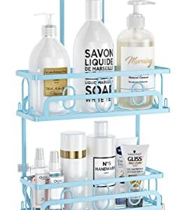 HYSEYY Shower Caddy Over Shower Head - Hanging Shower Caddy Over Shower Head for Bathroom, No Drilling Rustproof Stainless Steel Hanging Shower Organizer with Soap Holder, 10 Hooks, Blue